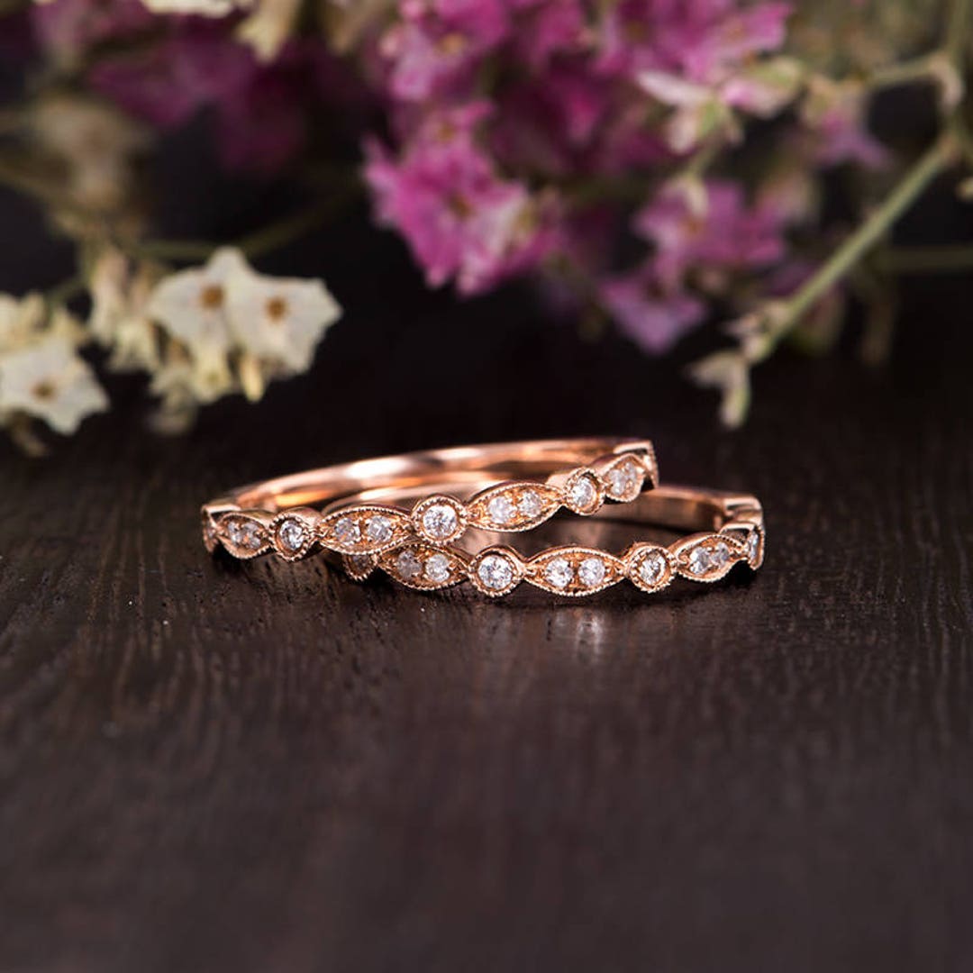 Rose Gold Wedding Band Set Women Diamond Antique Stacking Wedding Rings ...