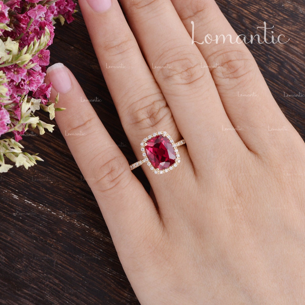 Lab Ruby Engagement Ring Elongated Cushion Ring White Gold | Etsy