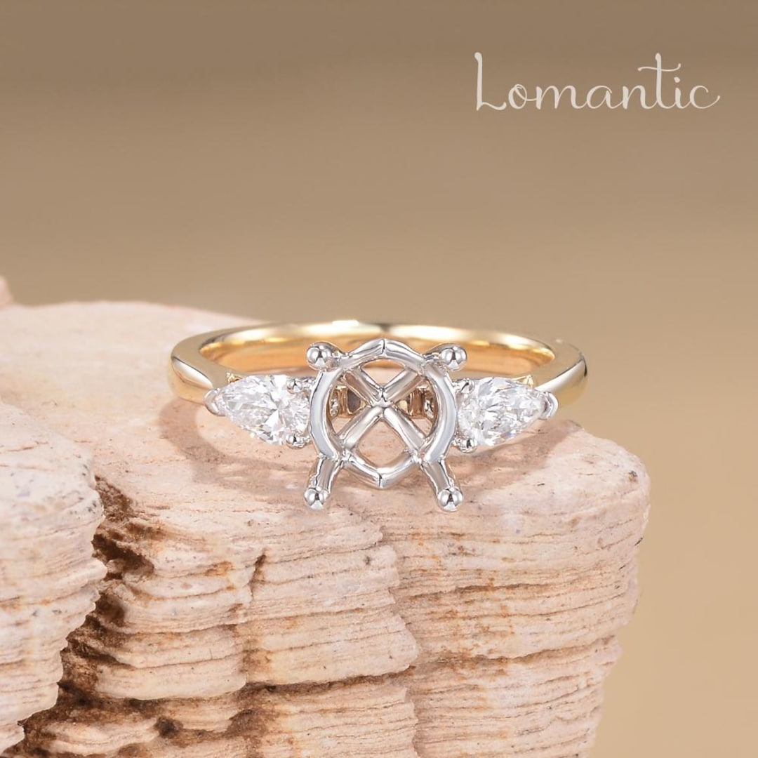 Custom Three Stone Semi Mount Pear Moissanite Engagement Ring Setting ...