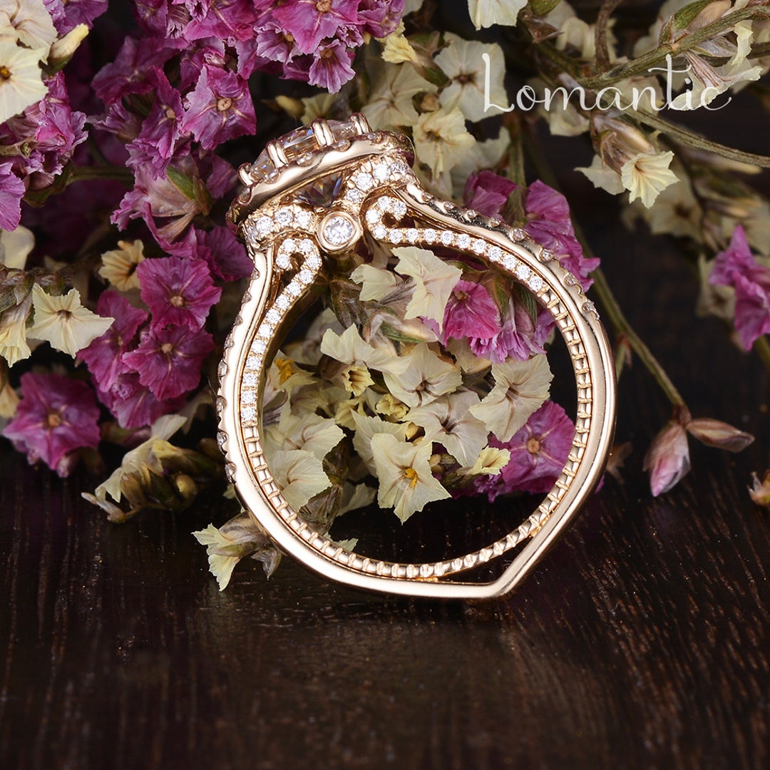 1ct Peekaboo Ring Unique White Gold Engagement Ring Vine Moissanite ...