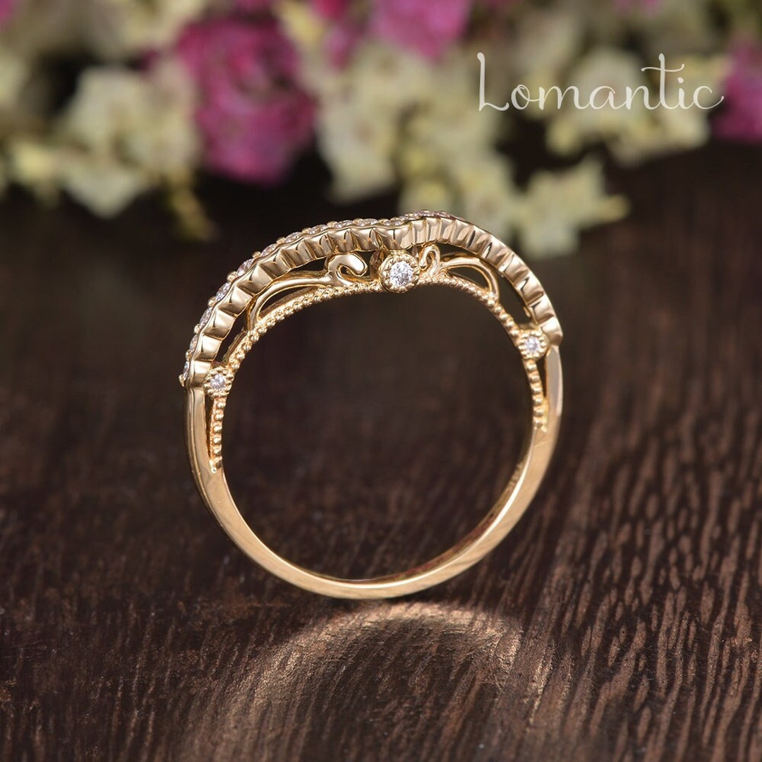 Peekaboo Moissanite Curved Wedding Band Women Vintage Yellow Gold ...