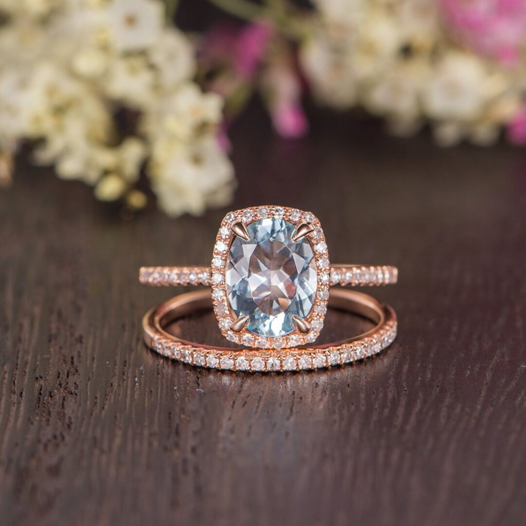 Engagement Ring Set Rose Gold Aquamarine Ring 7x9mm Oval Paved Diamond ...