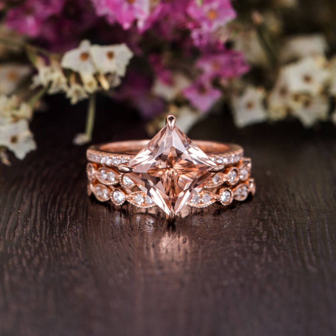 Princess Cut Morganite Ring Set Rose Gold Engagement Ring Art - Etsy