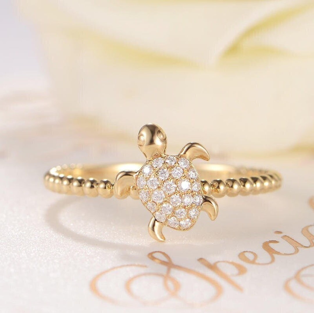 Unique Diamond Ring Eternity Beaded Sea Turtle Ring Animal Ring Solid ...