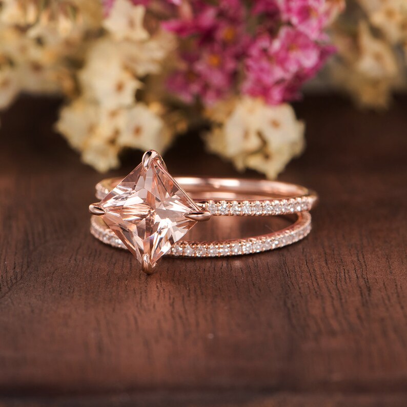 Unique Morganite Engagement Ring Set Rose Gold Bridal Set - Etsy