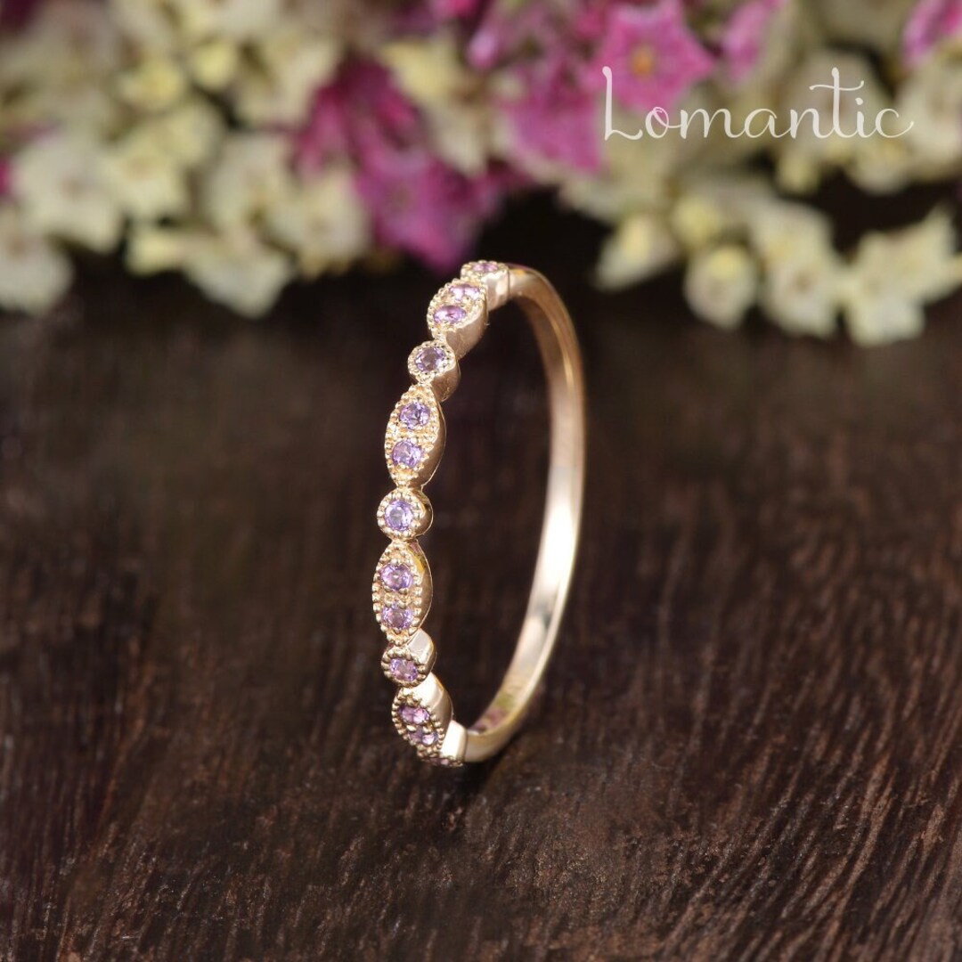 Amethyst Band Gold Wedding Band Women Art Deco Rings Stacking Antique ...