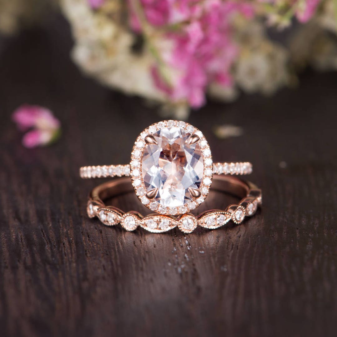 Rose Gold Engagement Ring Set Birthstone Oval Cut White Topaz Ring ...