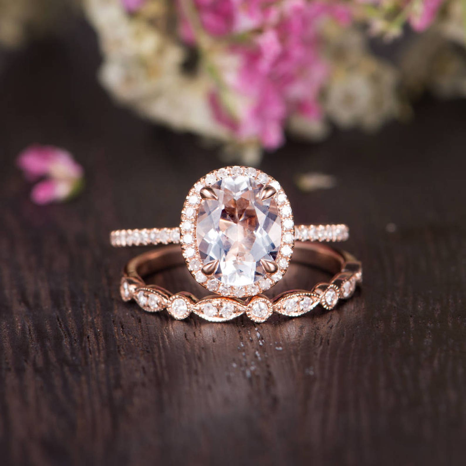 Rose Gold Engagement Ring Set Birthstone Oval Cut White Topaz - Etsy