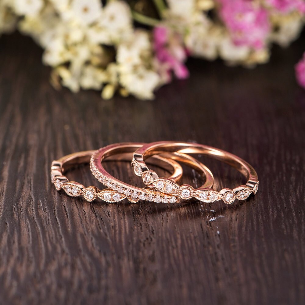 Rose Gold Wedding Bands 3pcs Stacking Bands Set Women Diamond Antique ...
