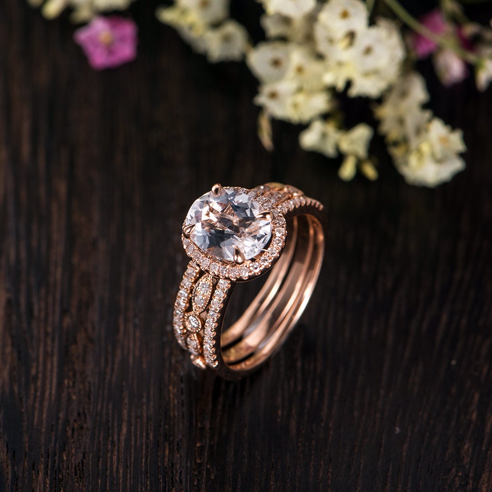 Rose Gold Engagement Ring Set 3pcs White Topaz Ring Bridal | Etsy