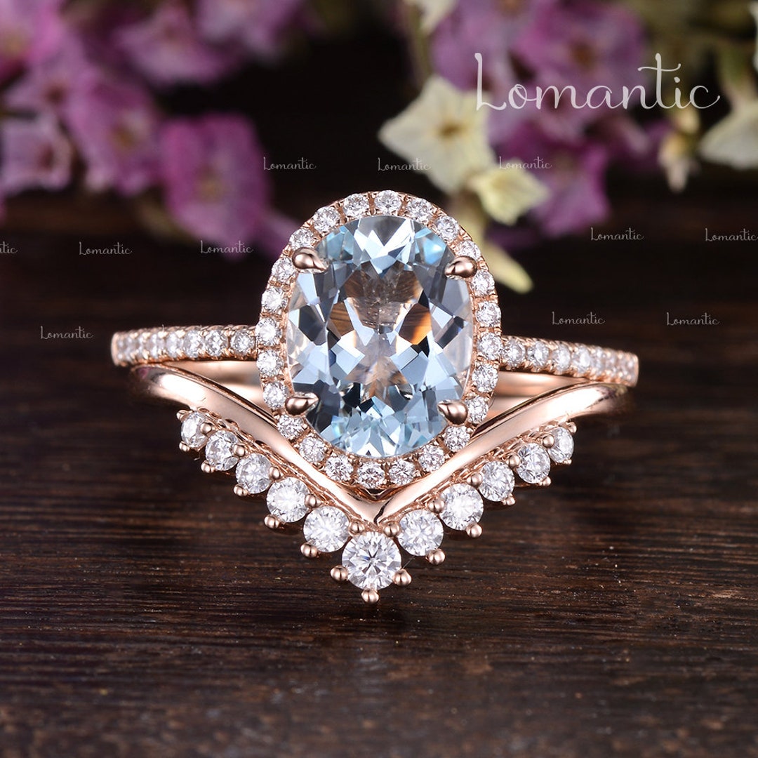 Aquamarine Ring Set Rose Gold Wedding Ring March Birthstone Aquamarine ...