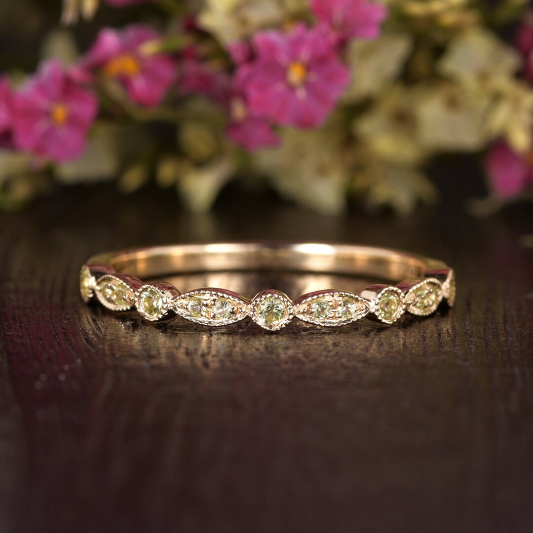 Peridot Wedding Band Women Art Deco Mini Band Dainty Beaded Milgrain ...