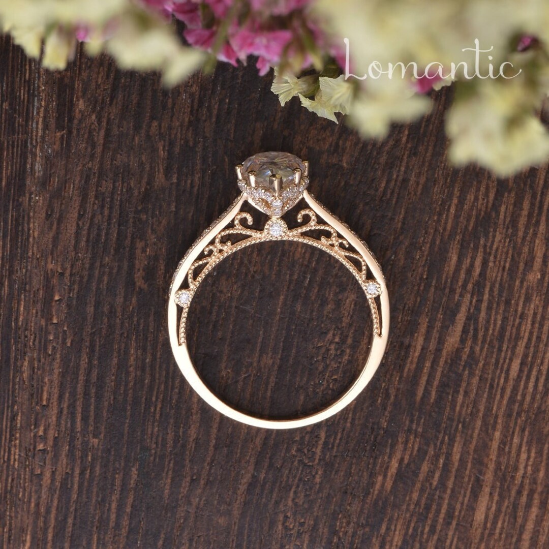 Vintage Moissanite Engagement Ring Yellow Gold Filigree Ring Hidden ...
