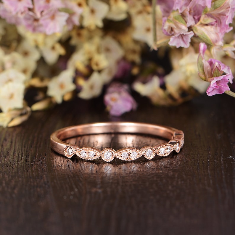 Rose Gold Wedding Band Women Art Deco Antique Ring Stacking - Etsy