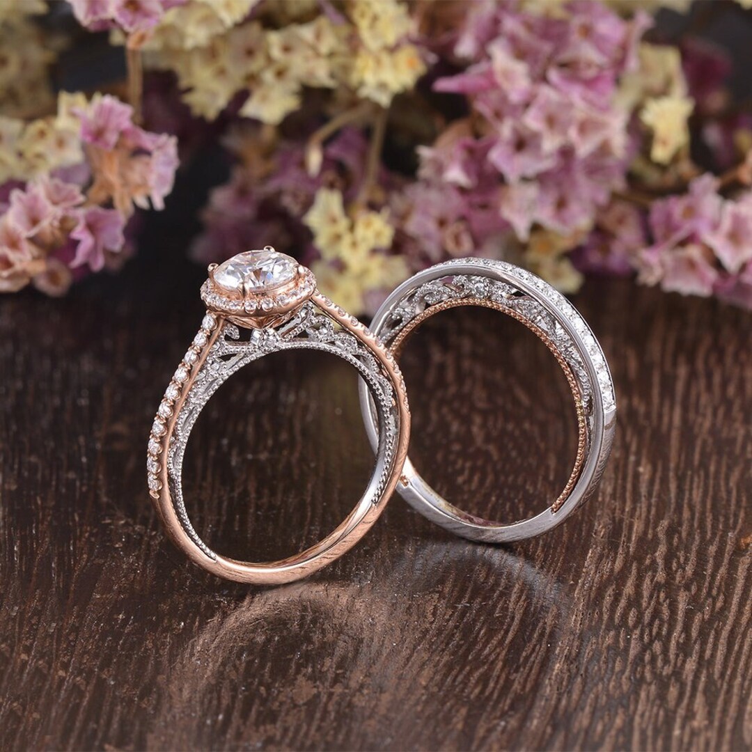 Filigree 1ct Round Moissanite Engagement Ring Set Peekabo Art Deco ...