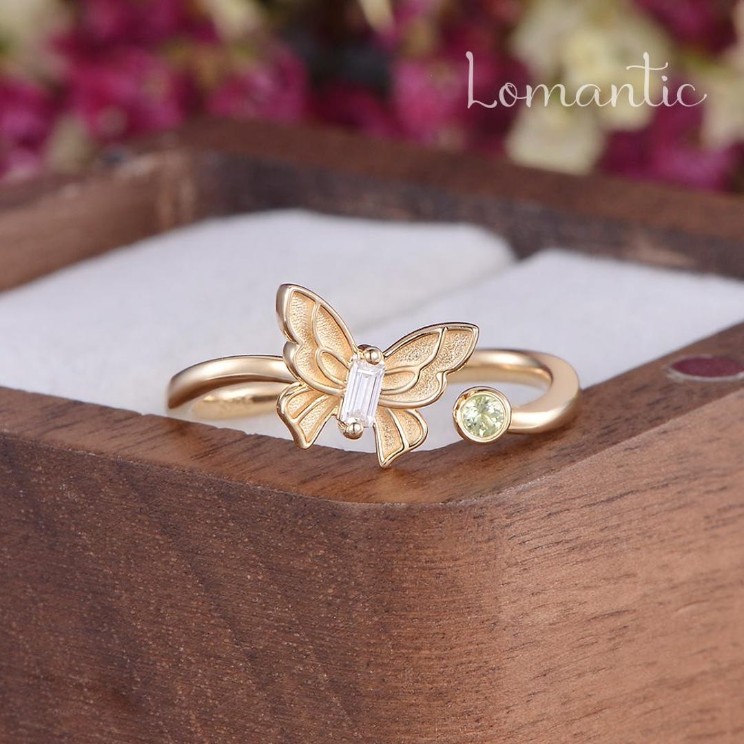 Handcrafted Butterfly Ring Baguette Moissanite Peridot August ...