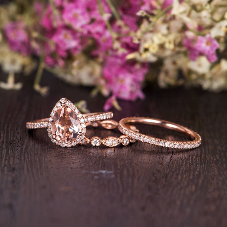Rose Gold Engagement Ring Set Morganite Ring Pear Shaped | Etsy