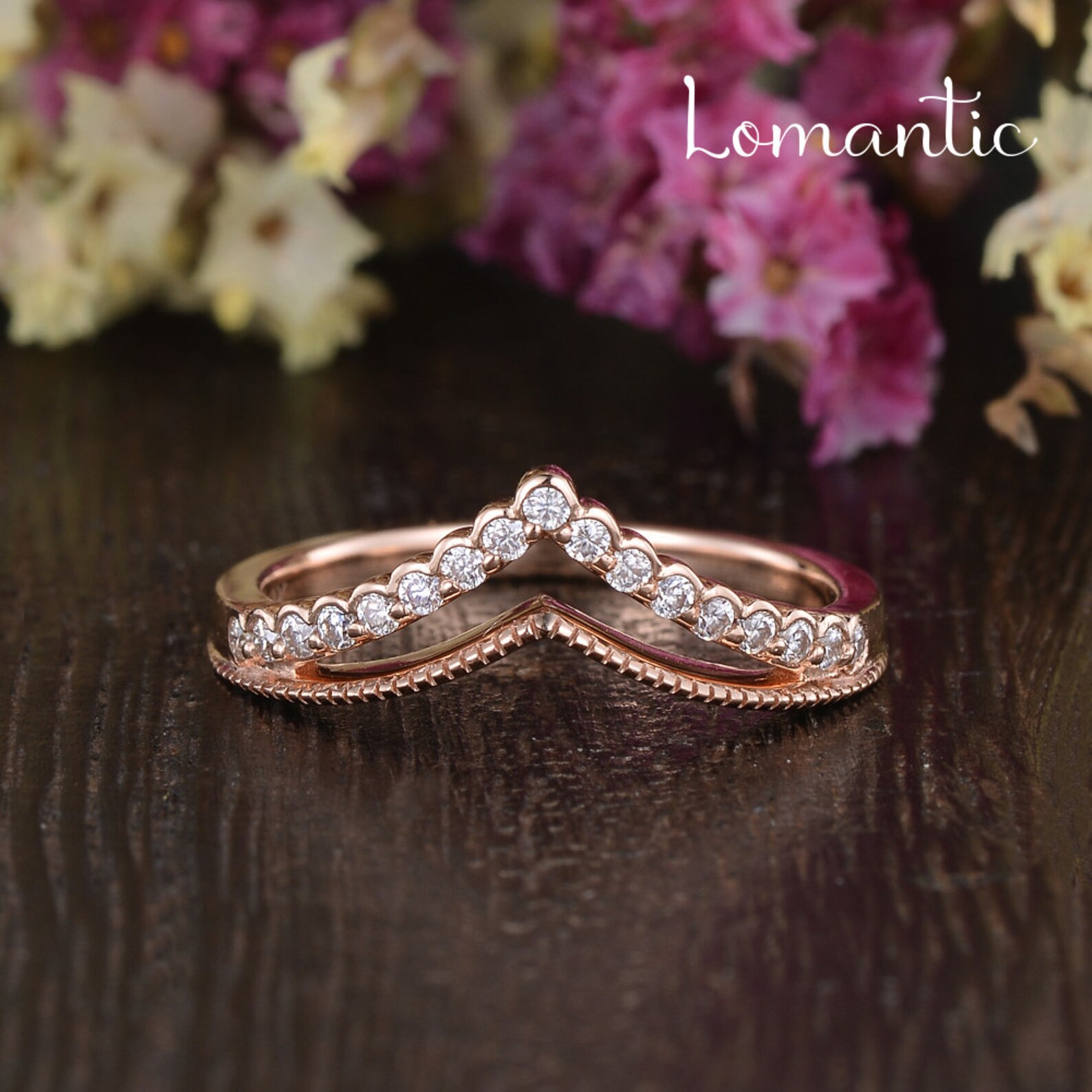 Art Deco Wedding Band Woman Rose Gold Stacking Ring Chevron Custom Band ...