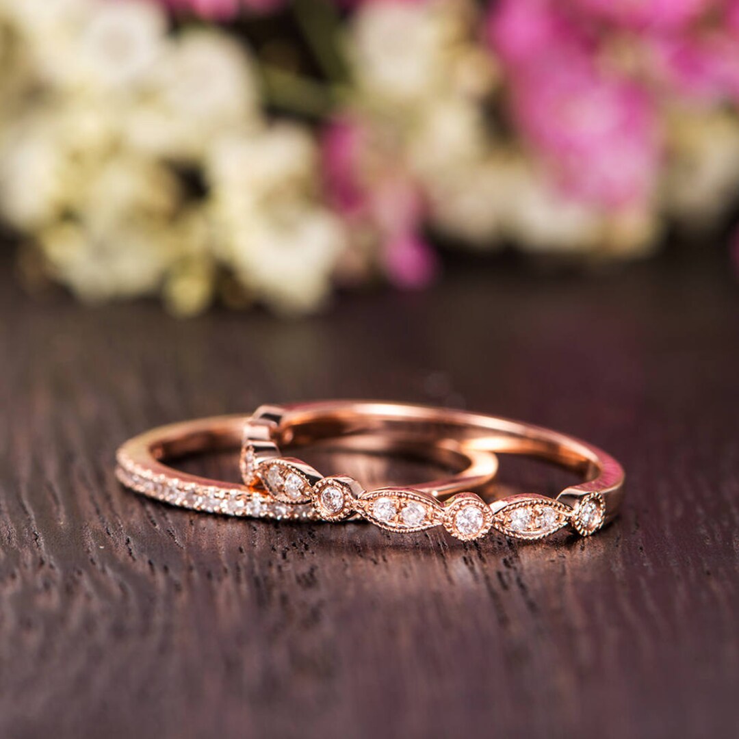 Wedding Band Women Antique Ring Set Rose Gold Art Deco Diamond Wedding ...