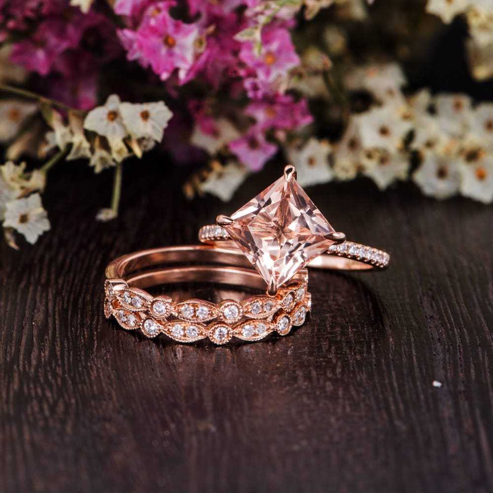 Princess Cut Morganite Ring Set Rose Gold Engagement Ring Art - Etsy
