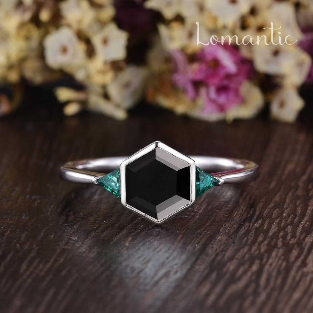 Art Deco Hexagon Black Onyx Engagement Ring Moissanite Bezel Set Ring ...