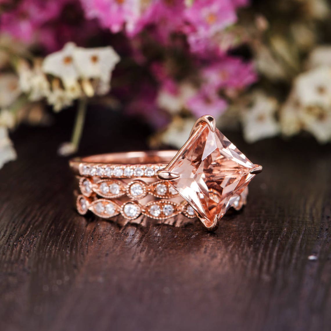 Princess Cut Morganite Ring Set Rose Gold Engagement Ring Art - Etsy
