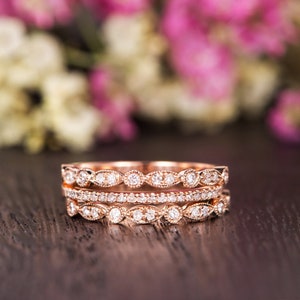 Rose Gold Wedding Bands 3pcs Stacking Bands Set Women Diamond Antique ...