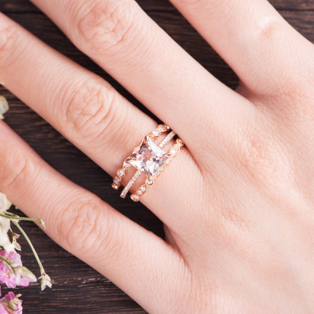 Unique Princess Cut Morganite Engagment Ring Rose Gold Art - Etsy