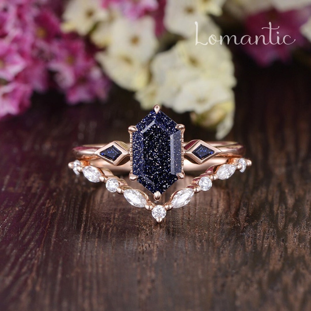 Hexagon Blue Sandstone Engagement Ring Bezel Kite Cut Stone Bridal Set ...