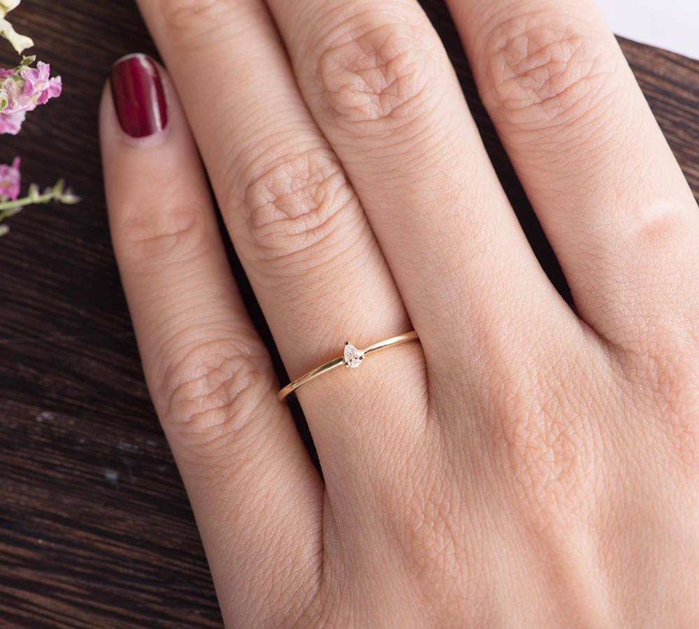 Pear Shaped Diamond Ring Gold Engagement Ring Stacking Mini | Etsy