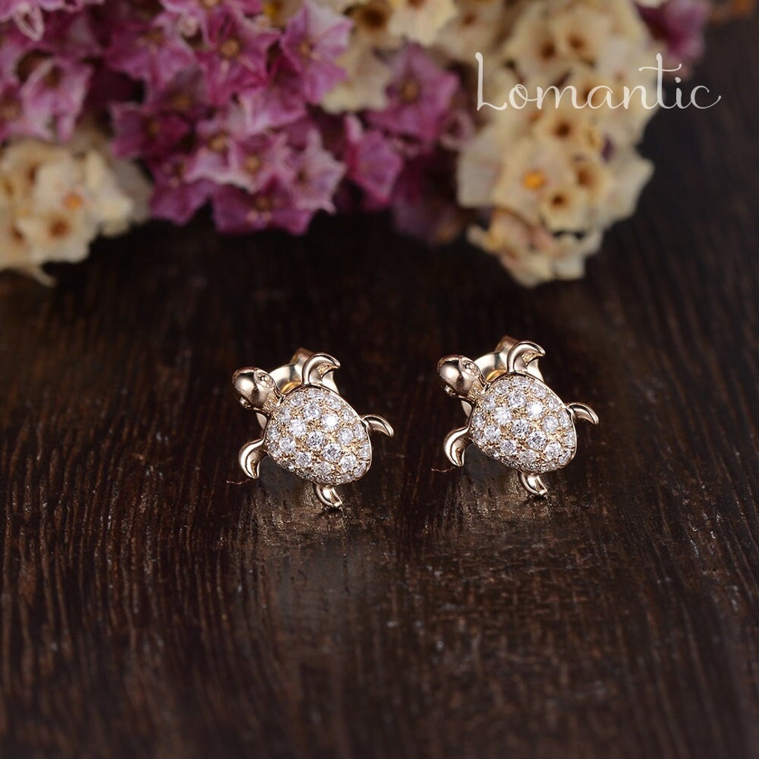 Unique Turtle Errings Natural Diamond Errings 14k Rose Gold Sea Turtle ...