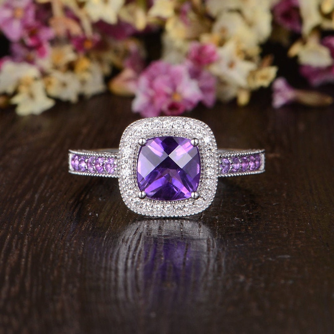 Natural Amethyst Engagement Ring Cushion Cut White Gold Engagement Ring ...