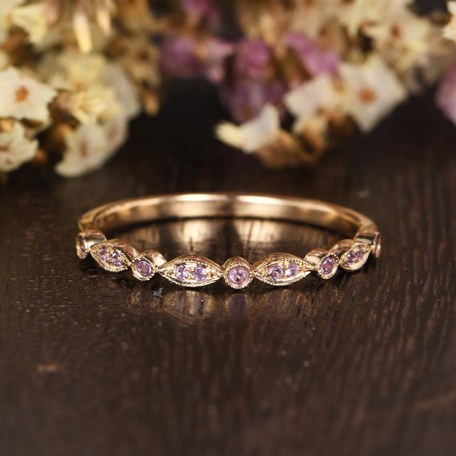 Amethyst Band Gold Wedding Band Women Art Deco Rings Stacking - Etsy