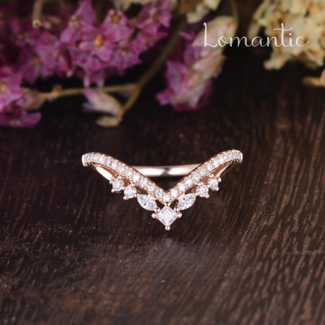 Unique Double Chevron Wedding Band Women Art Deco Moissanite Stacking ...