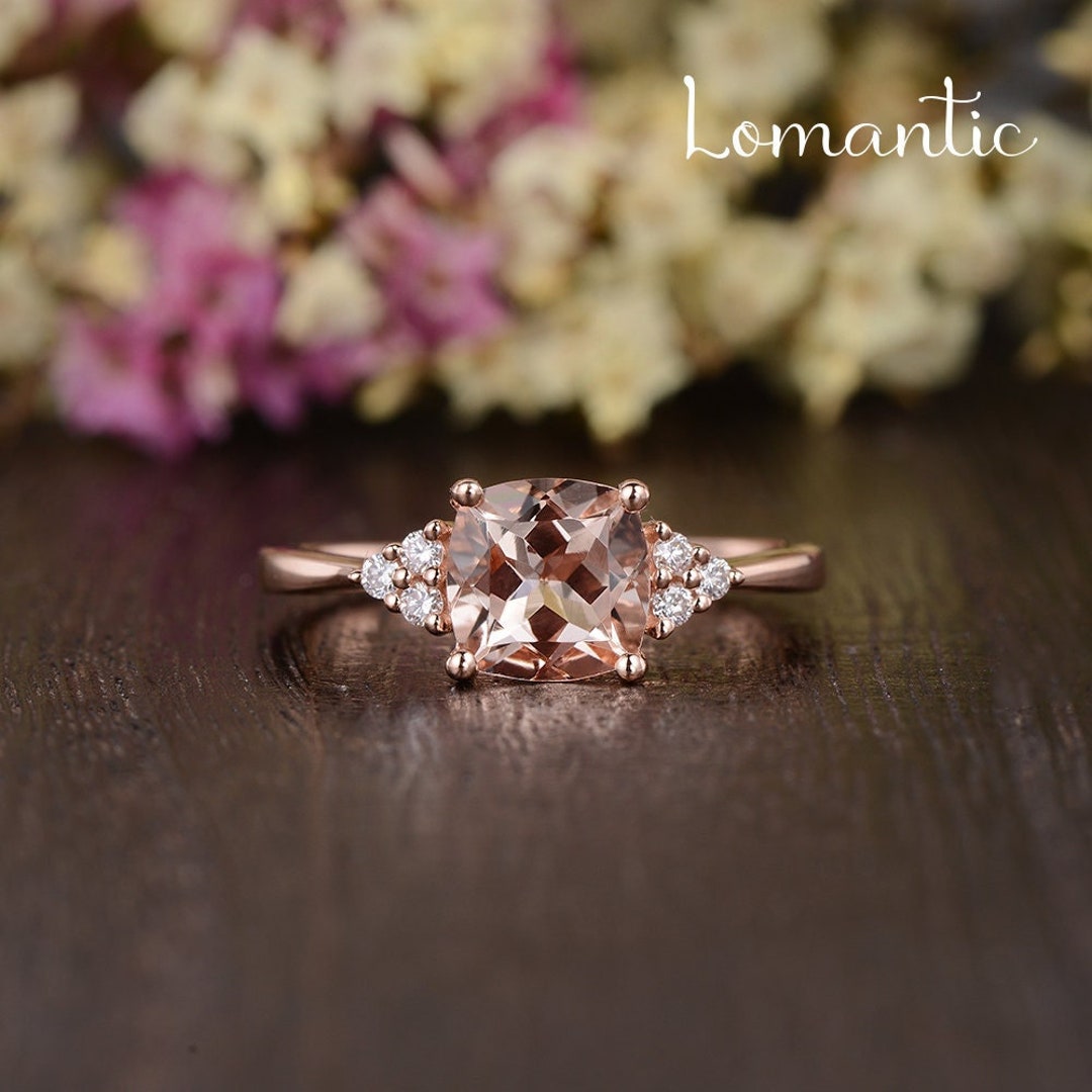 Cushion Cut Morganite Ring Rose Gold Engagement Ring Antique Diamond ...