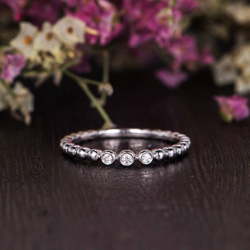 Bezel Set Diamond Ring Wedding Band Women White Gold Unique | Etsy