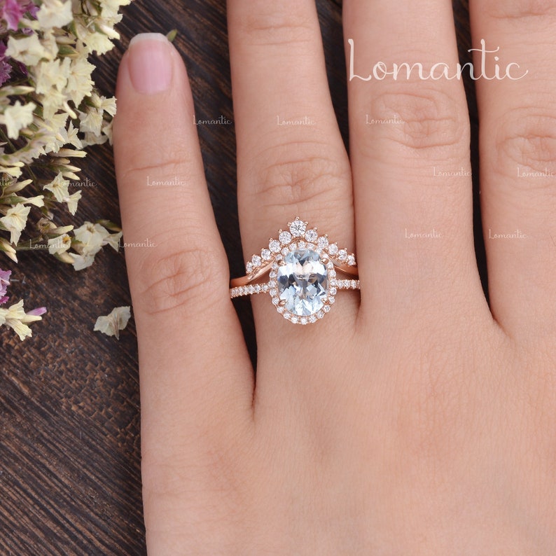 Aquamarine Ring Set Rose Gold Wedding Ring March Birthstone Aquamarine ...