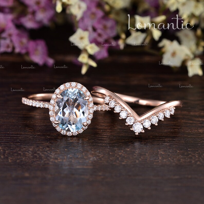 Aquamarine Ring Set Rose Gold Wedding Ring March Birthstone - Etsy
