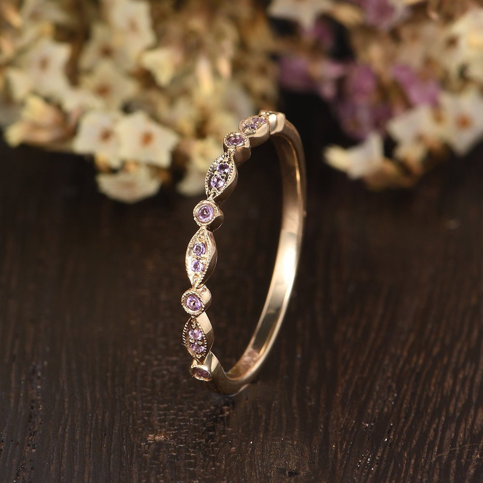 Amethyst Band Gold Wedding Band Women Art Deco Rings Stacking - Etsy