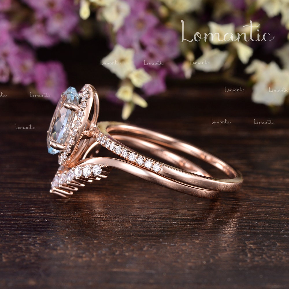 Aquamarine Ring Set Rose Gold Wedding Ring March Birthstone Aquamarine ...