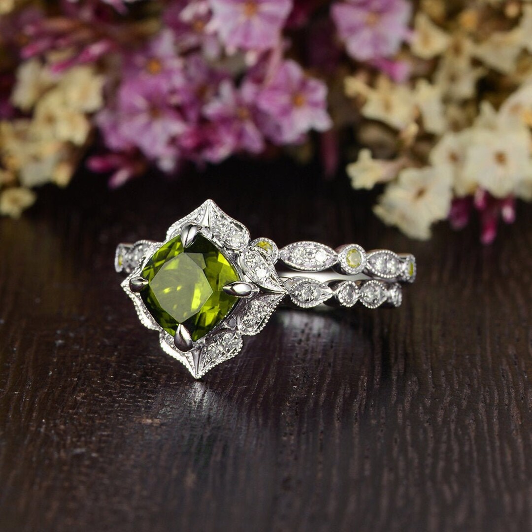 Peridot Bridal Set White Gold Art Deco Engagement Ring Cushion Cut ...