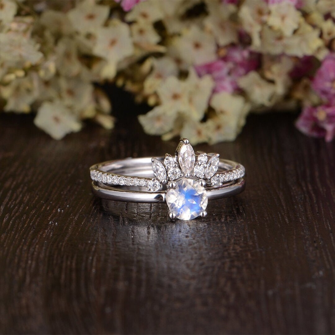 Moonstone Bridal Set 2pcs Unique Cluster Moonstone Ring 5mm Moonstone ...
