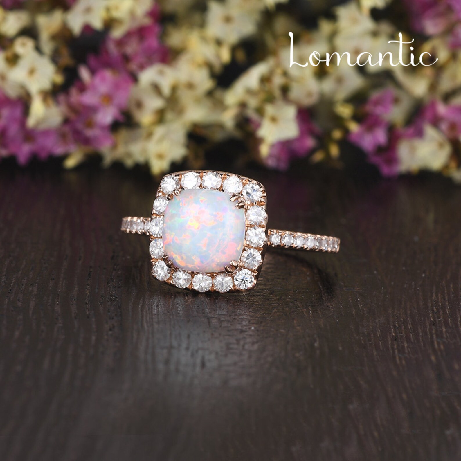 Unique Opal Engagement Ring Square Cushion Lab Opal Ring White Opal ...
