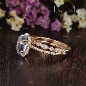 Aquamarine Engagement Ring Rose Gold Ring Set March Birthstone Oval Cut ...