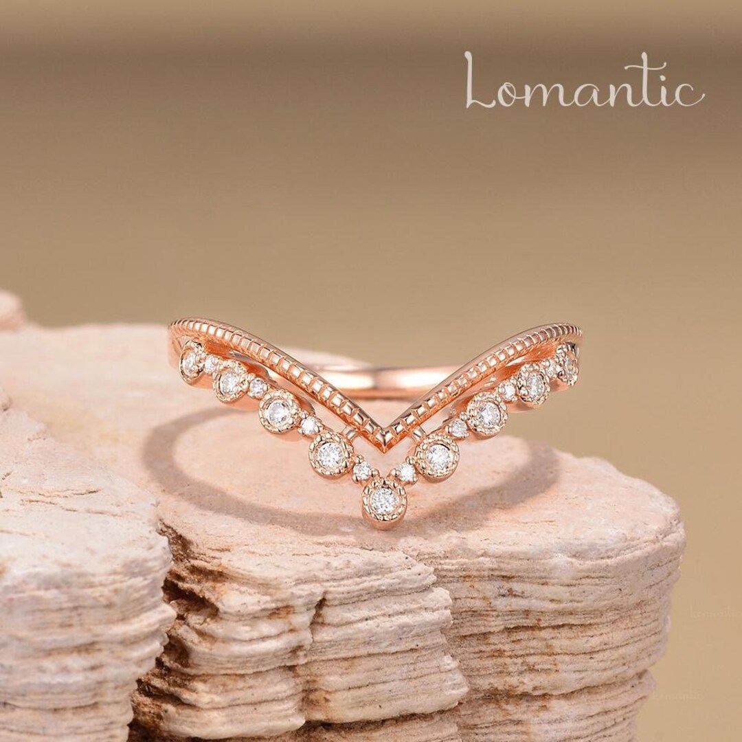 Milgrain Double Chevron Wedding Band Diamond Stacking Matching Ring ...