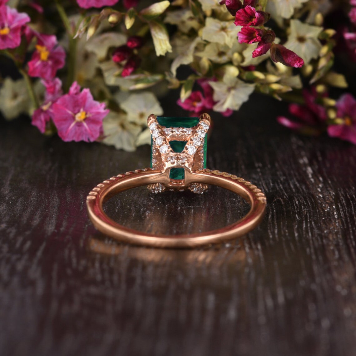 Emerald Cut Rose Gold Engagement Ring Unique Lab Emerald Ring - Etsy