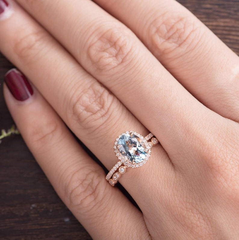 Aquamarine Engagement Ring Rose Gold Ring Set March Birthstone | Etsy