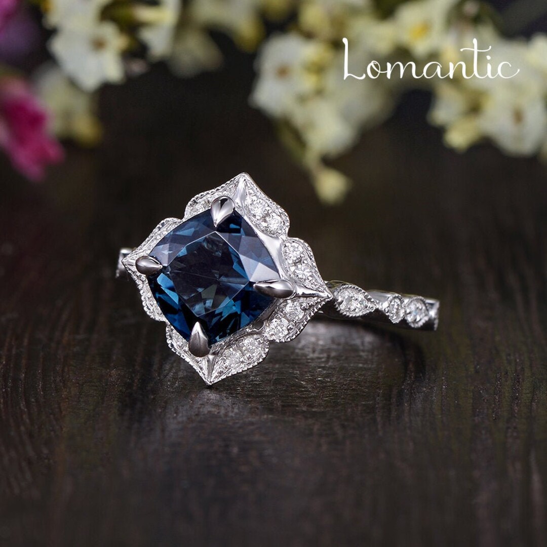 Art Deco Engagement Ring Cushion Cut London Blue Topaz Ring White Gold Antique Engagement Ring Antique Vintage Style Moissanite Accents Ring Etsy