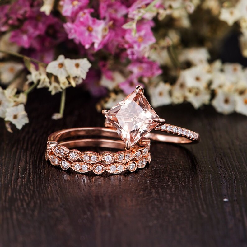 Unique Princess Cut Morganite Ring Set Rose Gold Art Deco - Etsy