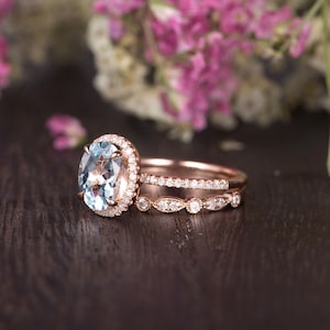 Aquamarine Engagement Ring Rose Gold Ring Set March Birthstone Oval Cut ...